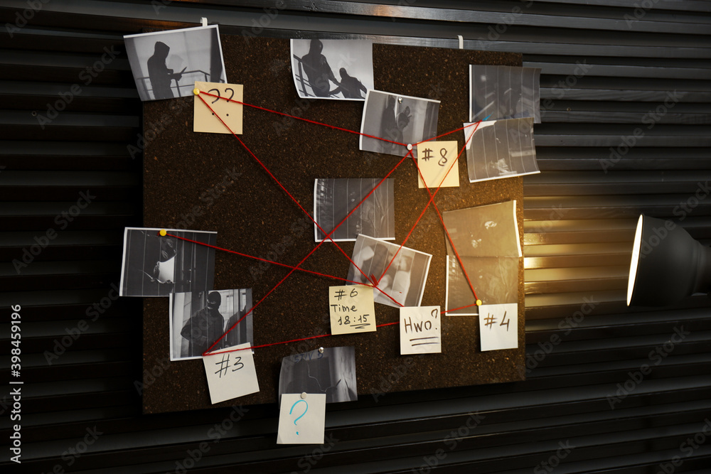 Detective board with crime scene photos, stickers, clues and red thread ...