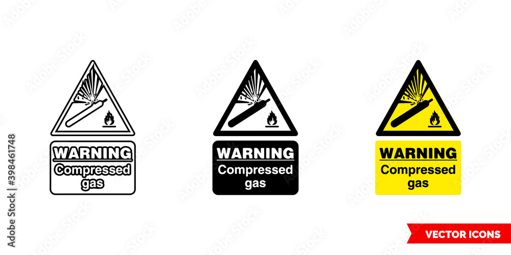 Warning compressed gas hazard sign icon of 3 types color, black and ...