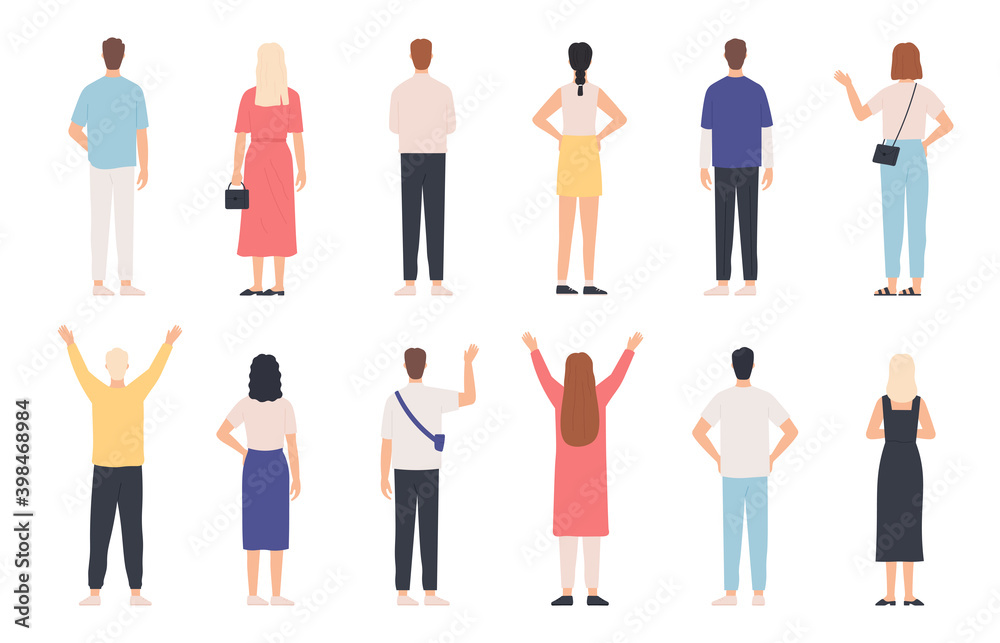 People from behind. Adult man and woman back view standing poses. Happy ...