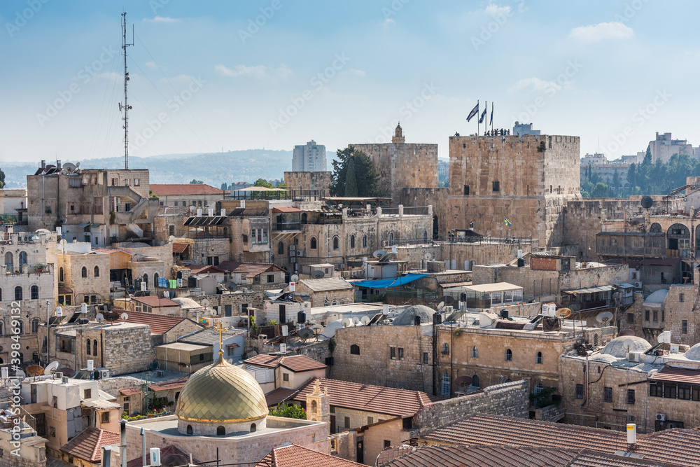 Aerial view of the old city of Jerusalem with The Tower of David in ...