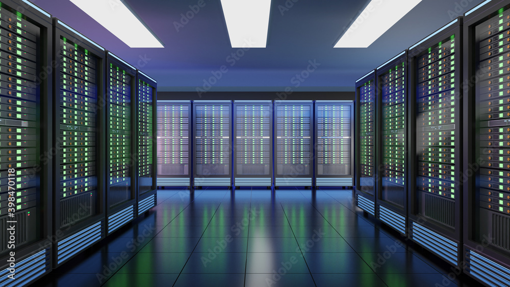 Row of server racks in computer network internet security server room ...