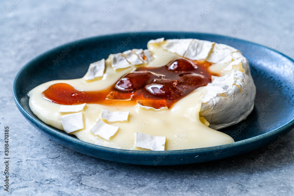 Baked Brie Cheese Dessert with Strawberry Jam. Marmalade Melted ...
