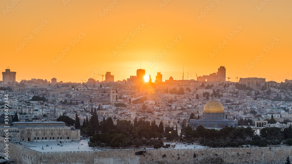Old city of Jerusalem on the temple mount under golden sunset in the ...