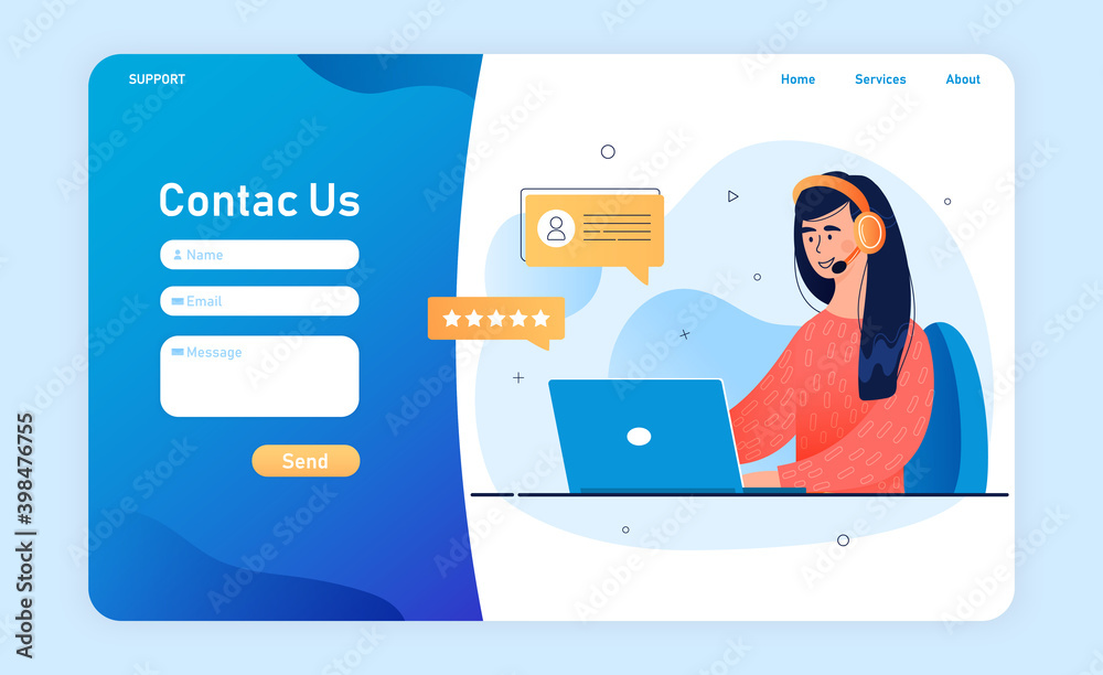 Contact us Form template for website or landing page. Female customer ...