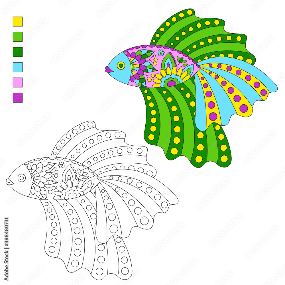 Ornate stylized fish for children coloring book. Cartoon fish with ...