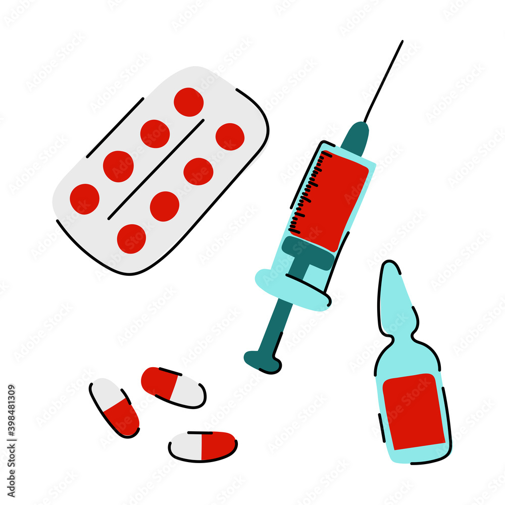 Cartoon Medical Vaccination Set. Hand drawn syringe, ampoule, tablets ...