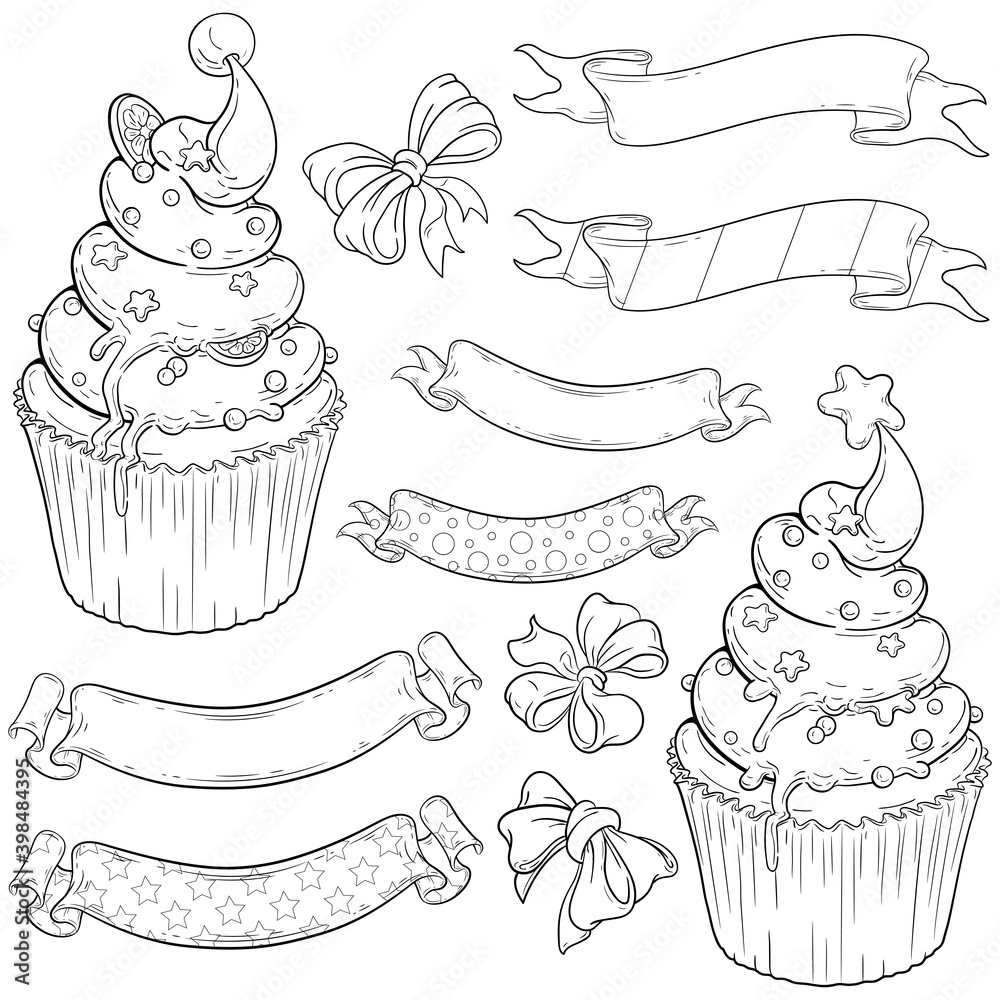 Big set of Santa hat and Christmas tree desserts with ribbons and bows ...