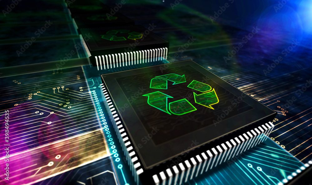 Recycling electro-waste symbol and processor factory 3d illustration ...