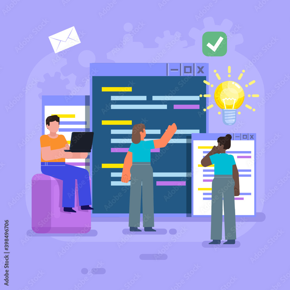 Web, desktop software develop, coding team. Group of people stand near ...