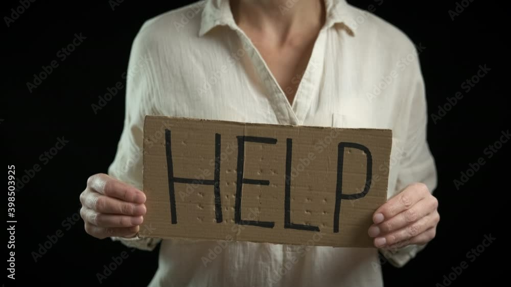 Hold help poster. A needy woman with problems asked for help with a ...