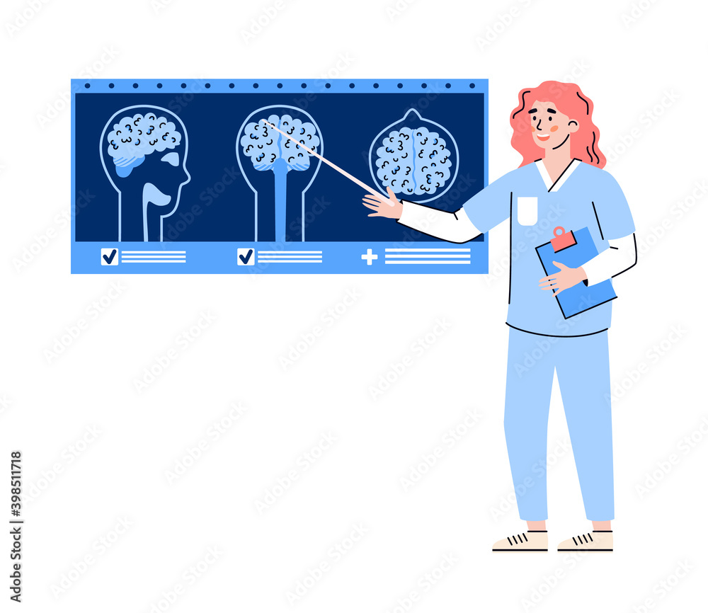 Doctor female cartoon character pointing on MRI or tomography scans of ...