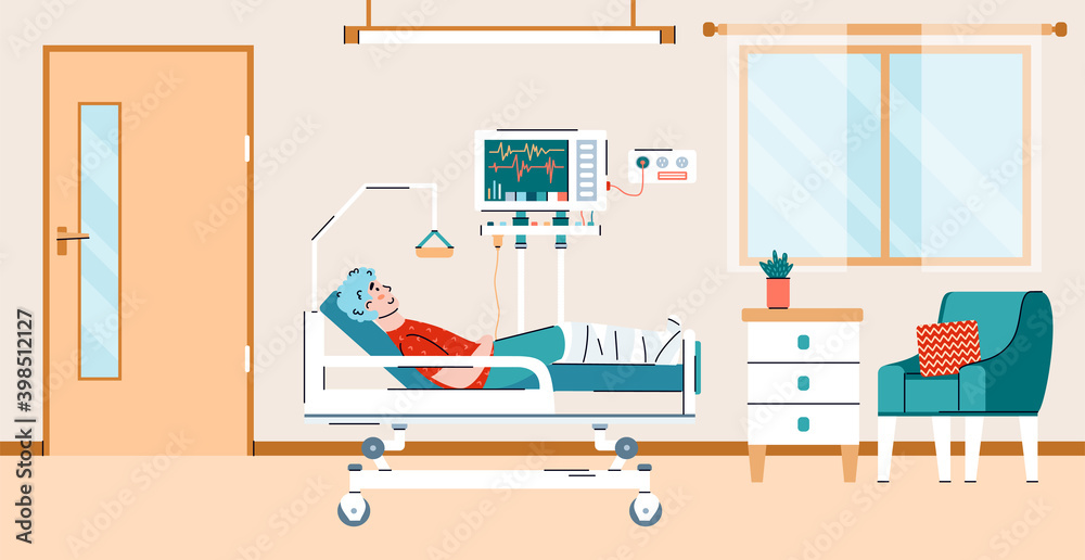 Patient connected to equipment monitors in a hospital ward, flat ...