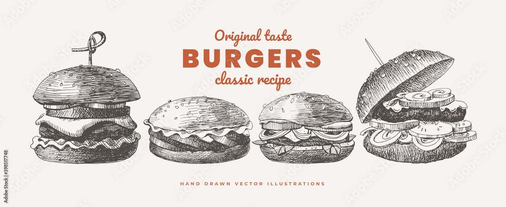 Set of hand-drawn burgers and hamburgers. Bun with cutlet, cheese, and ...