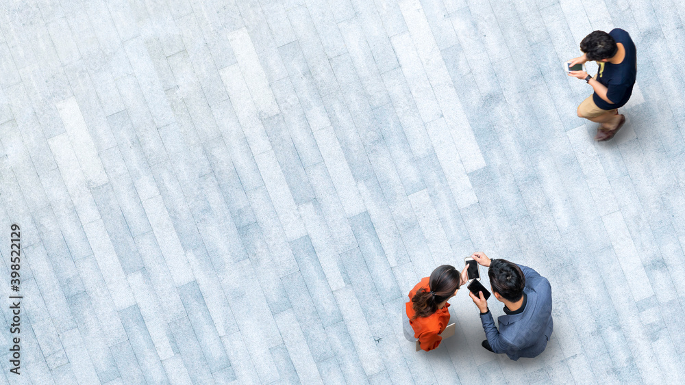 Human life in Social distance. Aerial top view with blur men and people ...