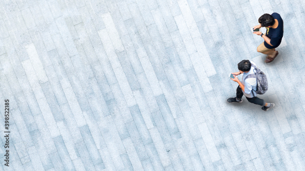 Human life in Social distance. Aerial top view with blur men with ...
