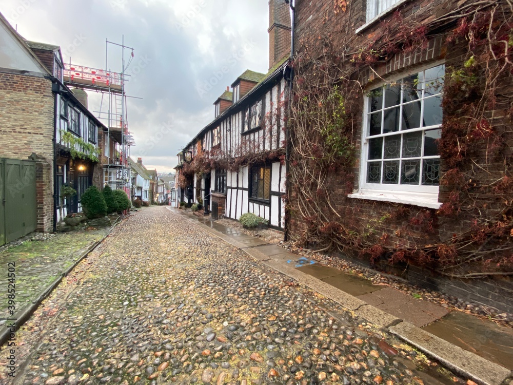 Mermaid Street in Rye East Sussex UK, a popular tourist road with lots ...