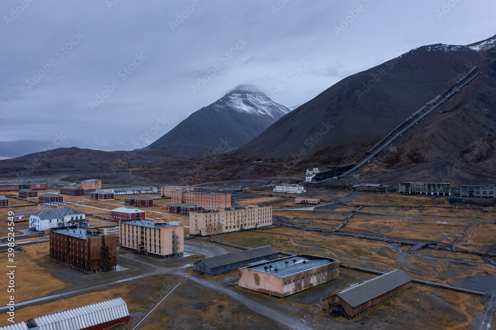 Pyramiden aerial view, Soviet ghost town, Svalbard, Norway Stock Photo ...