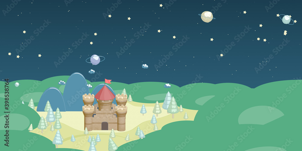 Cartoon castle in the wild, raster illustration. Stock Illustration ...