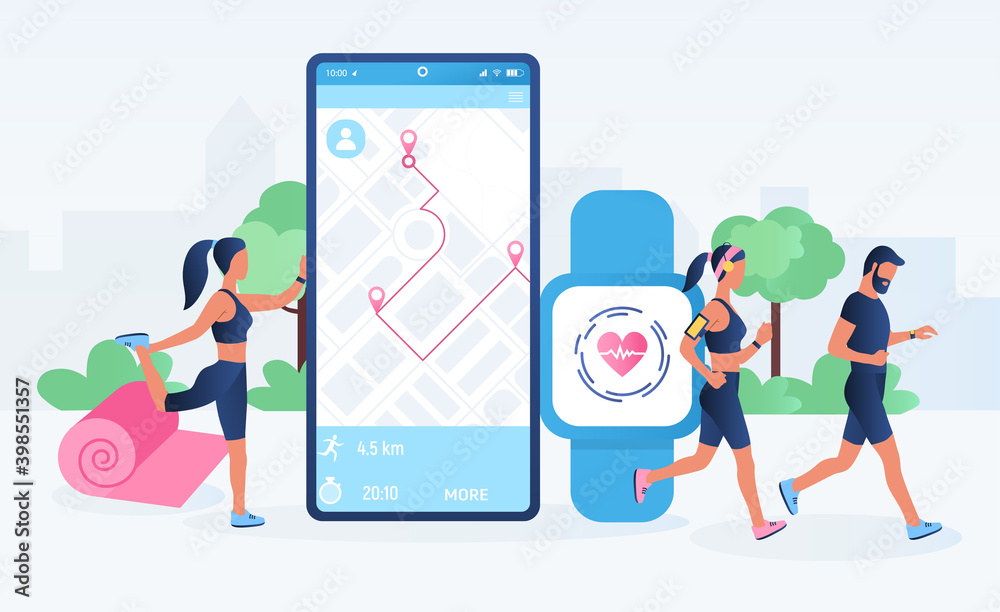 Smartwatch app and fitness tracker technology concept. Active people ...