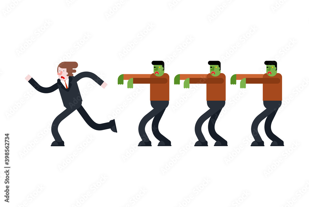 Zombie is chasing man. Zombi running after guy. Green walking dead ...