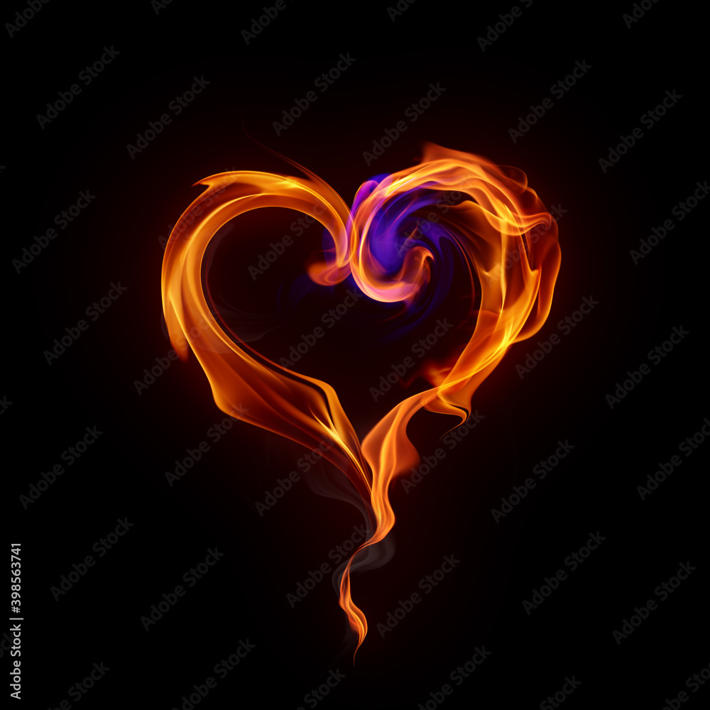 Burning heart symbol. Real fire flames and smoke isolated on black ...