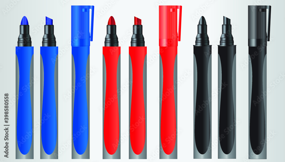 Vector drawing of permanent markers in three colors - red, blue and ...