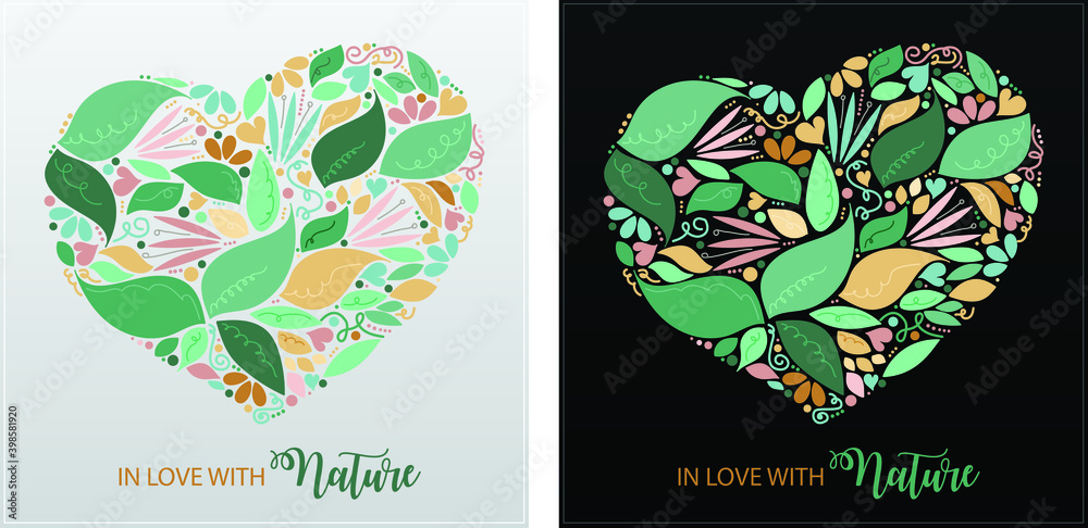 In love with Nature. Floral heart with leaf and flower elements to ...