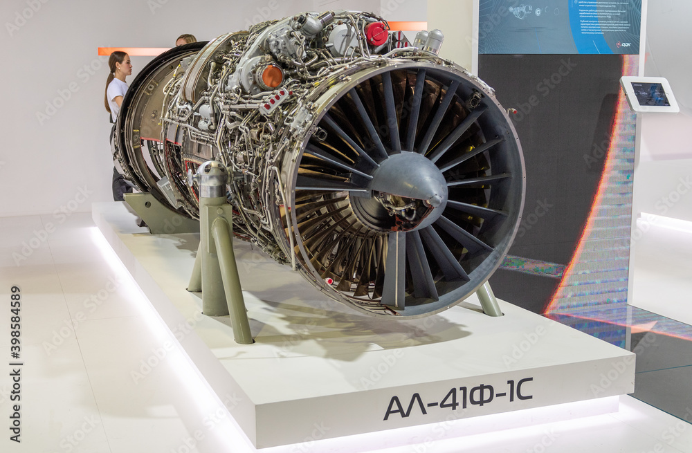 August 31, 2019, Moscow region, Russia. Aircraft turbojet bypass engine ...