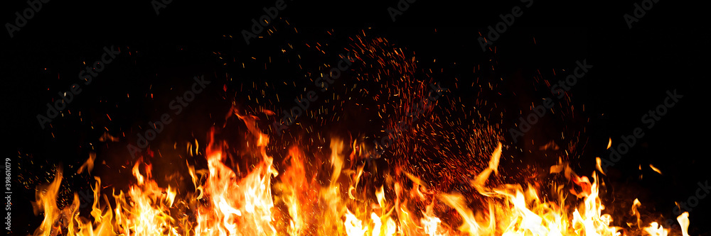 Fire flames on black background. fire burst texture for banner backdrop ...