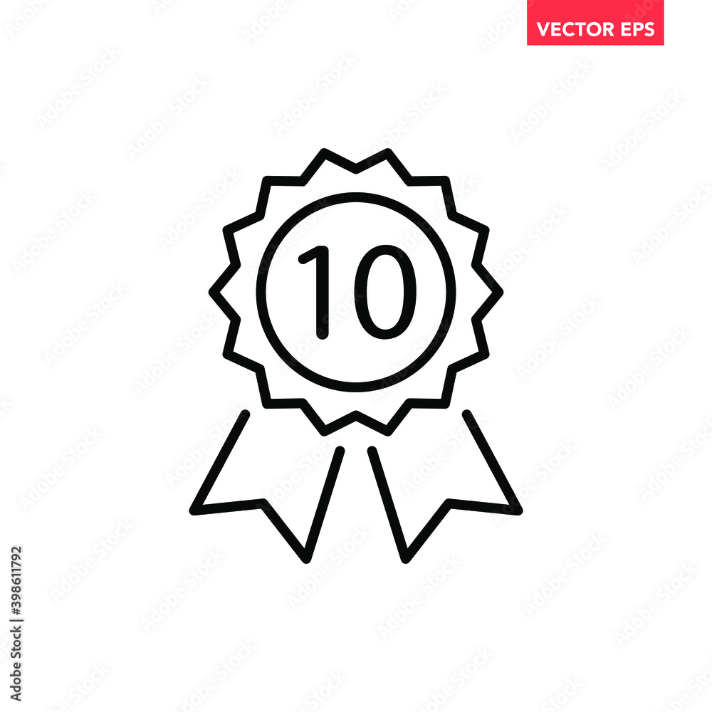 Black thin line top 10 or 10yr medal icon, simple recognition flat ...