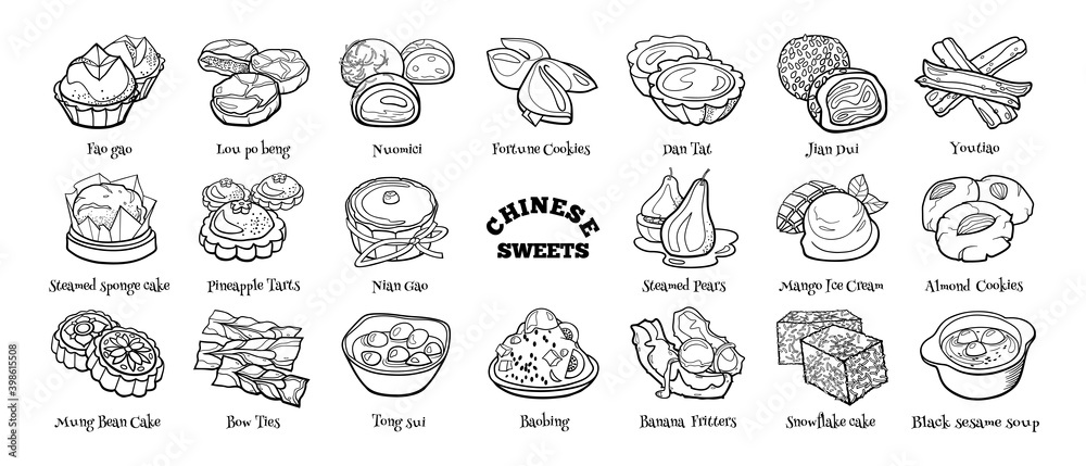 Collection of traditional chinese desserts. Hand drawn sketch in doodle ...