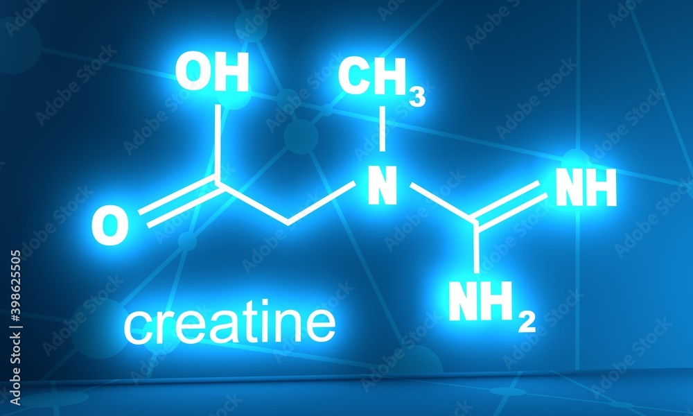 Structural chemical formula of creatine. 3D rendering. Neon shine Stock ...