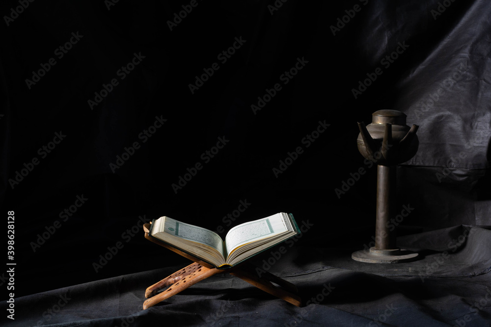 The Holy Quran in Mosque - Open to Read - Study the black background ...