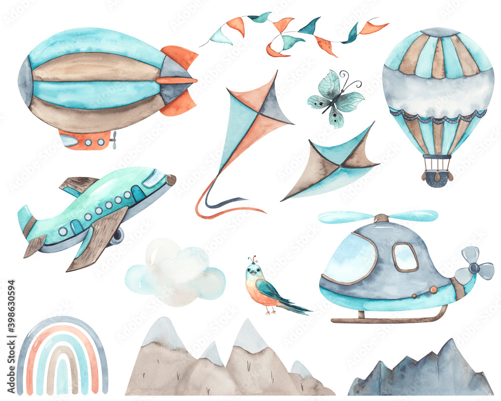 Watercolor children collection Transport by Air with cute plane ...