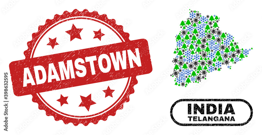 Vector pandemic New Year collage Telangana State map and Adamstown ...