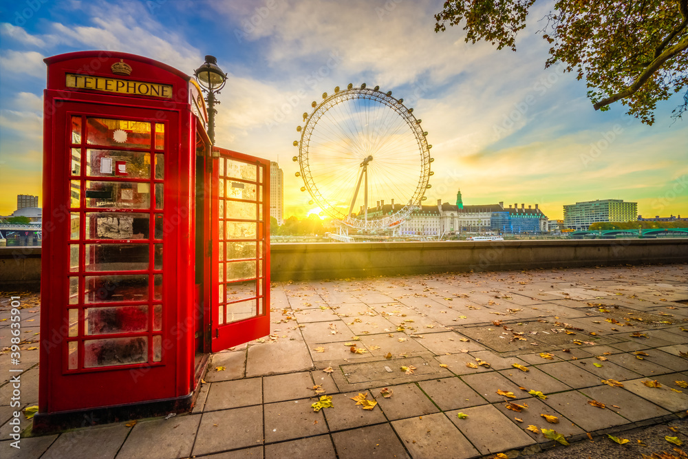 London,England-October 2015: Red telephone booth and Coca Cola wheel ...