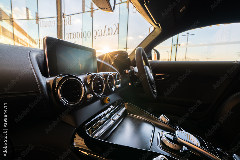 Interior dashboard of Mercedes Benz AMG GTR. High performance sport car ...