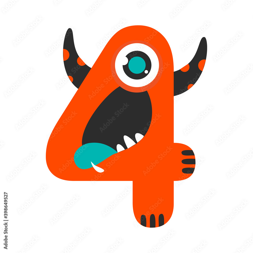 Number Four Cute Monster, Funny Fantasy Alien Character, Mathematics ...