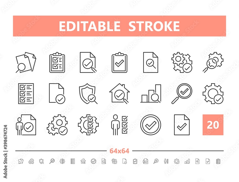 Inspection and Testing 20 line icons. Vector illustration in line style ...