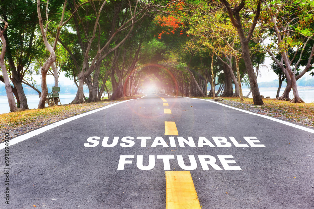 Sustainable future written on asphalt road surface with marking lines ...