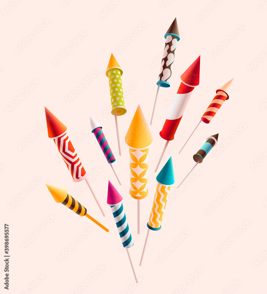 Fireworks set rocket. Colorful vector decoration 3d object. Stock ...