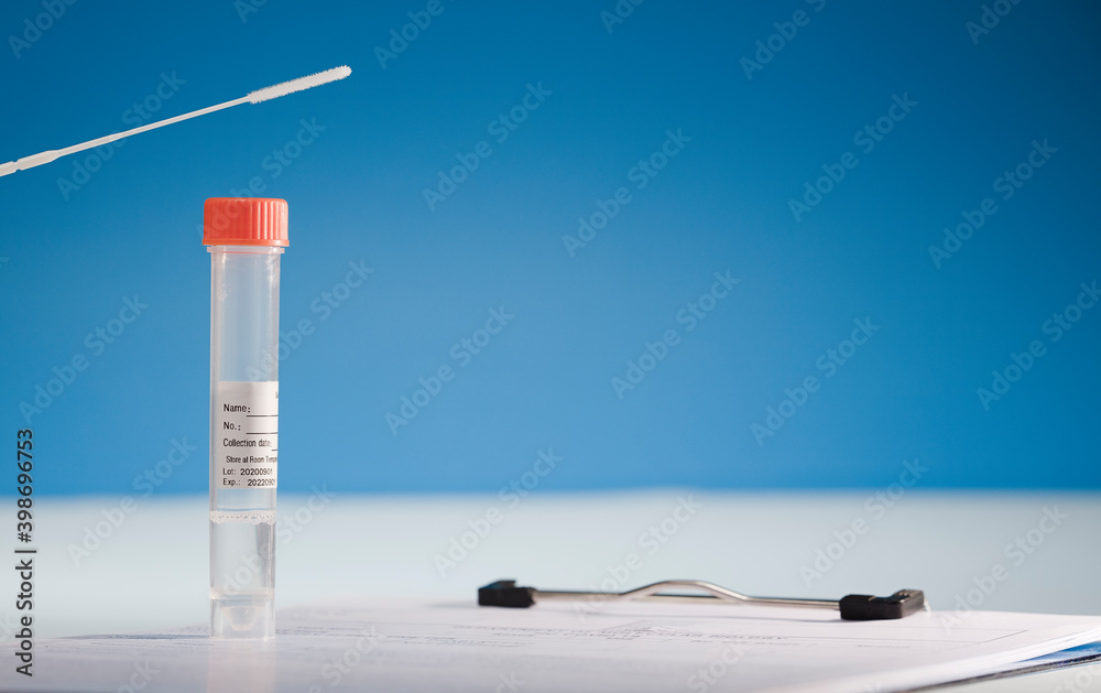 Swab for nasopharyngeal smear, and transport transparent vial and ...