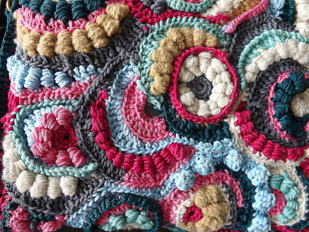 Colorful abstract crochet surface made by using free form or freeform ...