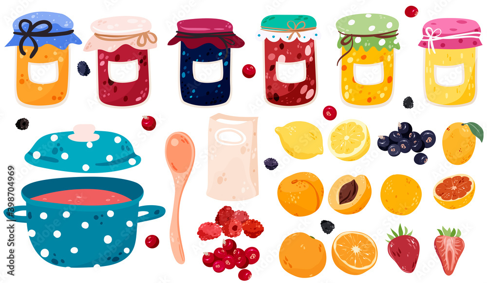 Jam, jelly, fruits set isolated on white vector illustration. Sweet ...