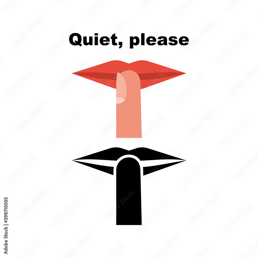 Quiet, please. Two samples of flat and black silhouette icons. A finger ...