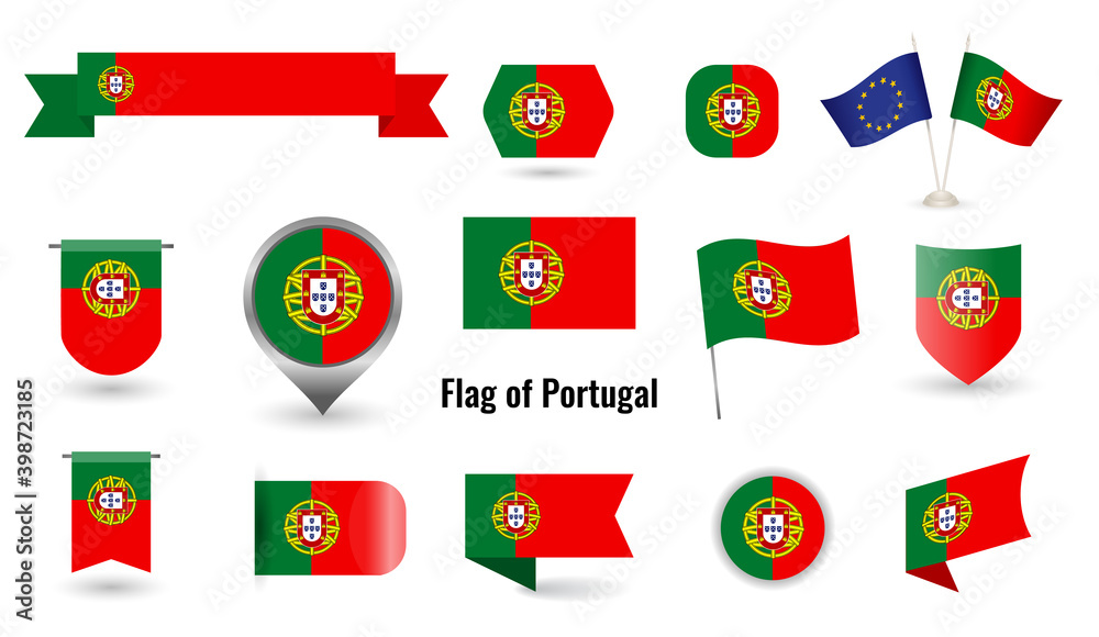 The Flag of Portugal. Big set of icons and symbols. Square and round ...
