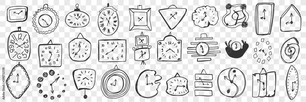 Wall clock doodle set. Collection of hand drawn various clocks of ...