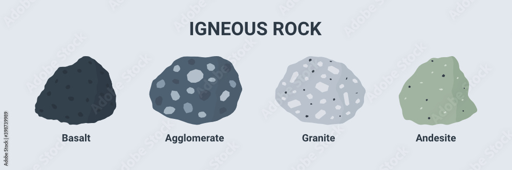 Igneous rock illustration set. Basalt Agglomerate Granite and Andesite ...
