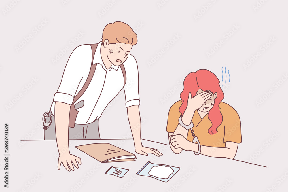 Interrogation of suspected person concept. Furious man police officer ...