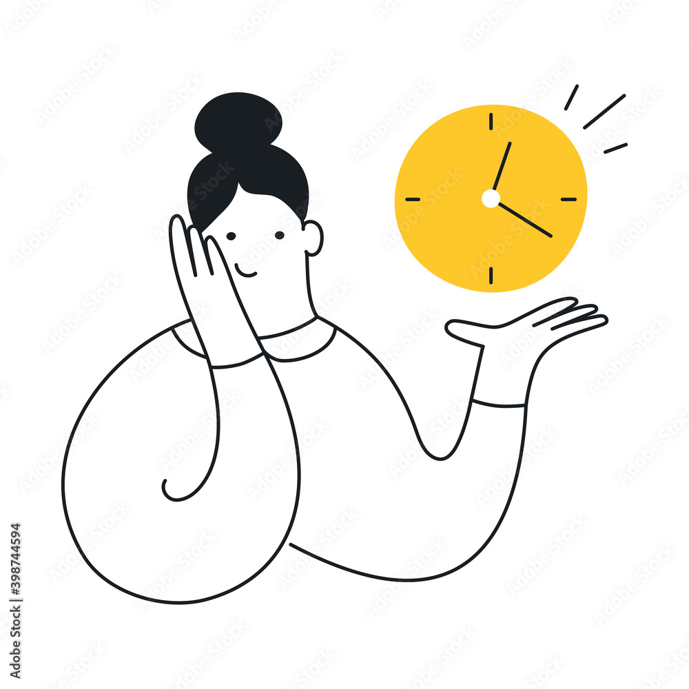 Vecteur Stock Cute cartoon woman holding a clock in her hand. Time ...